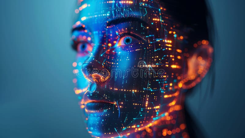 Futuristic Digital Face with Glowing Circuits Stock Illustration ...