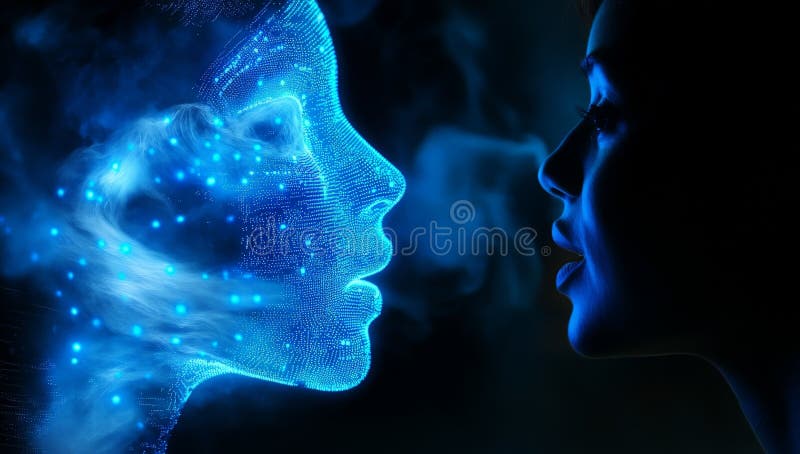 Futuristic Digital Face with Neon Lights Interacting with Human Profile ...