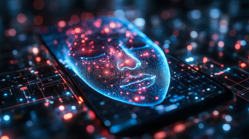 Futuristic Digital Face Scan Interface on Smartphone with Glowing Data ...