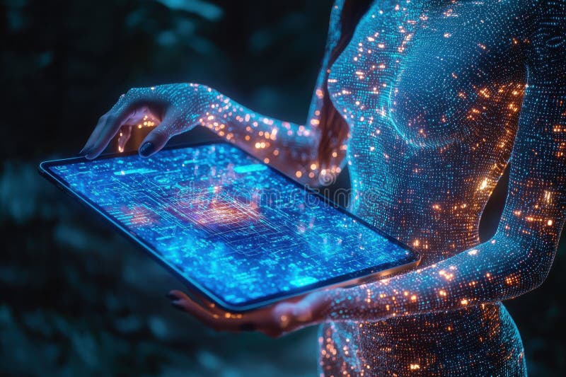 Futuristic Digital Figure Interacting with Glowing Holographic Tablet ...