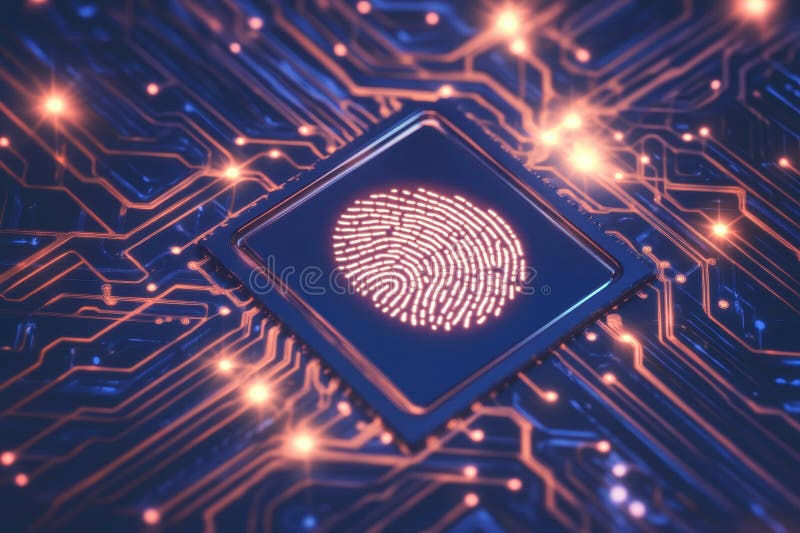 Futuristic Digital Fingerprint on a Glowing Circuit Board for Secure Identification Technology ...