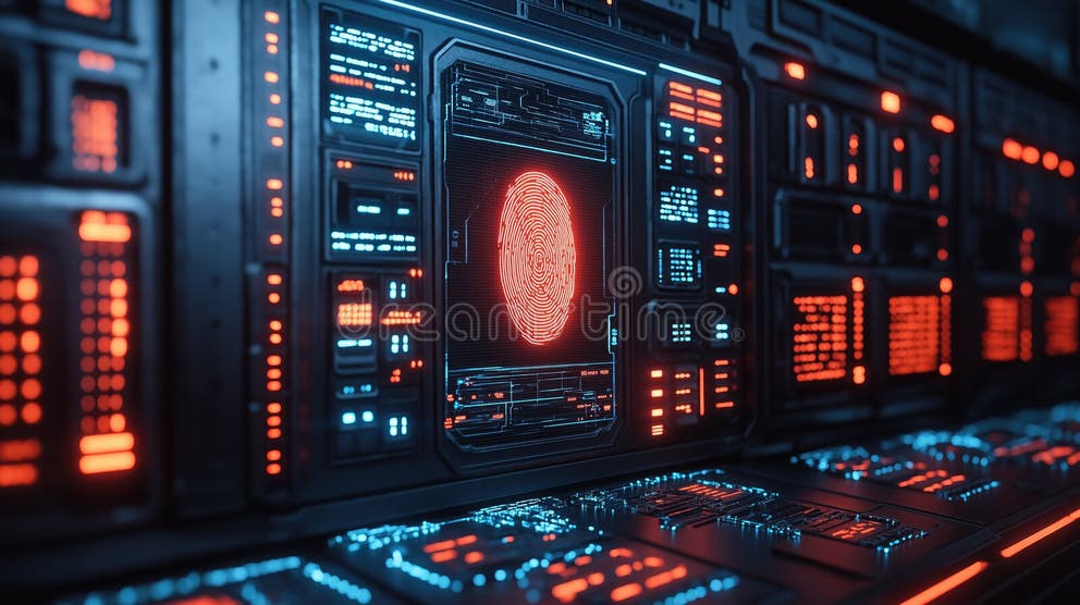Futuristic Digital Fingerprint Scanner Interface with Neon Blue and Red ...