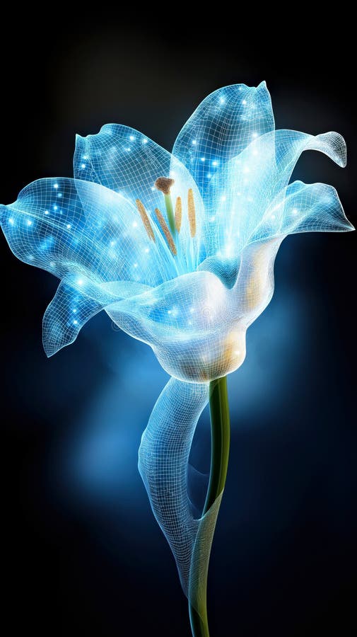 Futuristic Digital Flower with Neon Glow and Wireframe Details on Dark ...