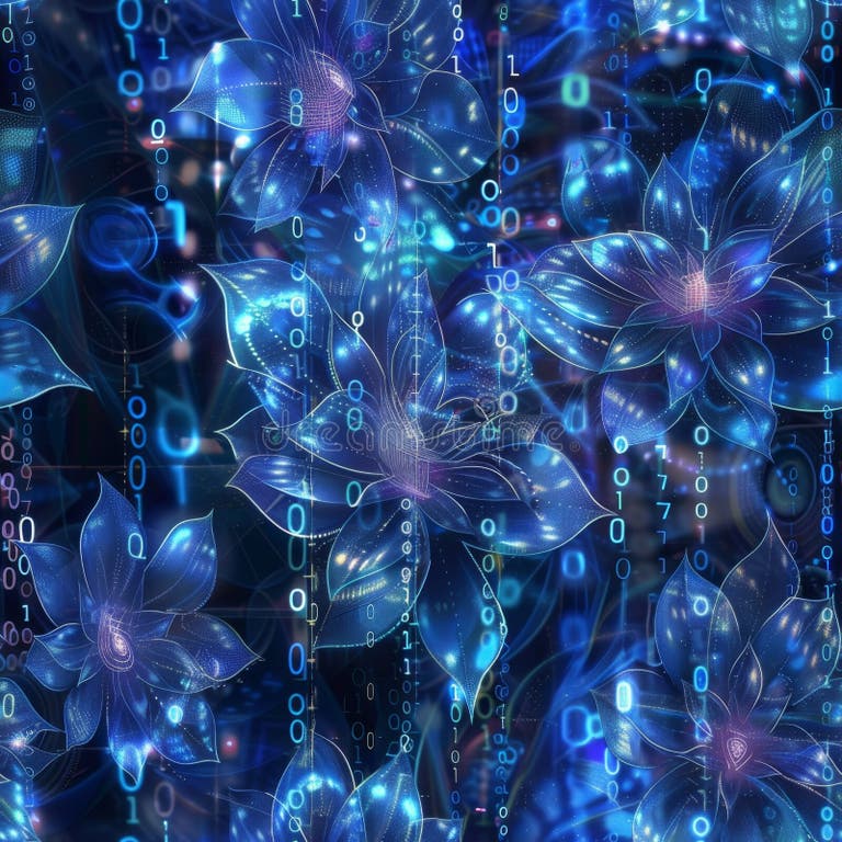 Futuristic Digital Flowers with Glowing Binary Code Background Stock ...