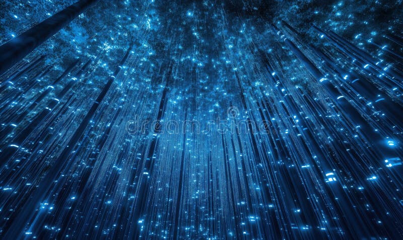 Futuristic Digital Forest with Glowing Blue Lights and Vertical ...