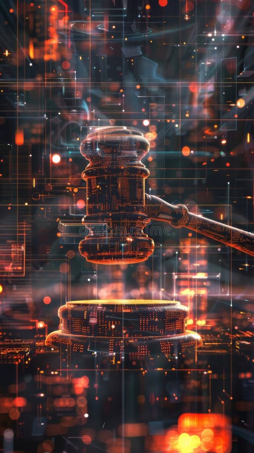 A Digital Gavel Stands Prominently in a Futuristic Courtroom, Embodying ...