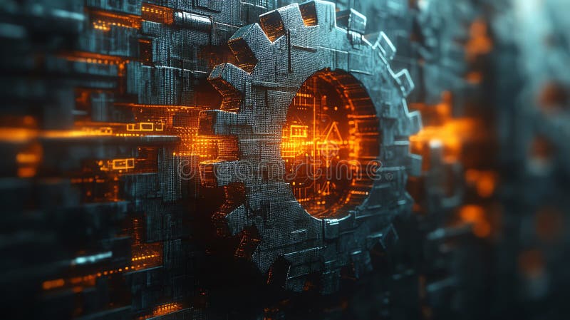 Futuristic Digital Gear Mechanism with Glowing Orange Elements Stock ...