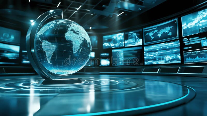 Futuristic Digital Globe in a Control Room with Data Visualization on ...