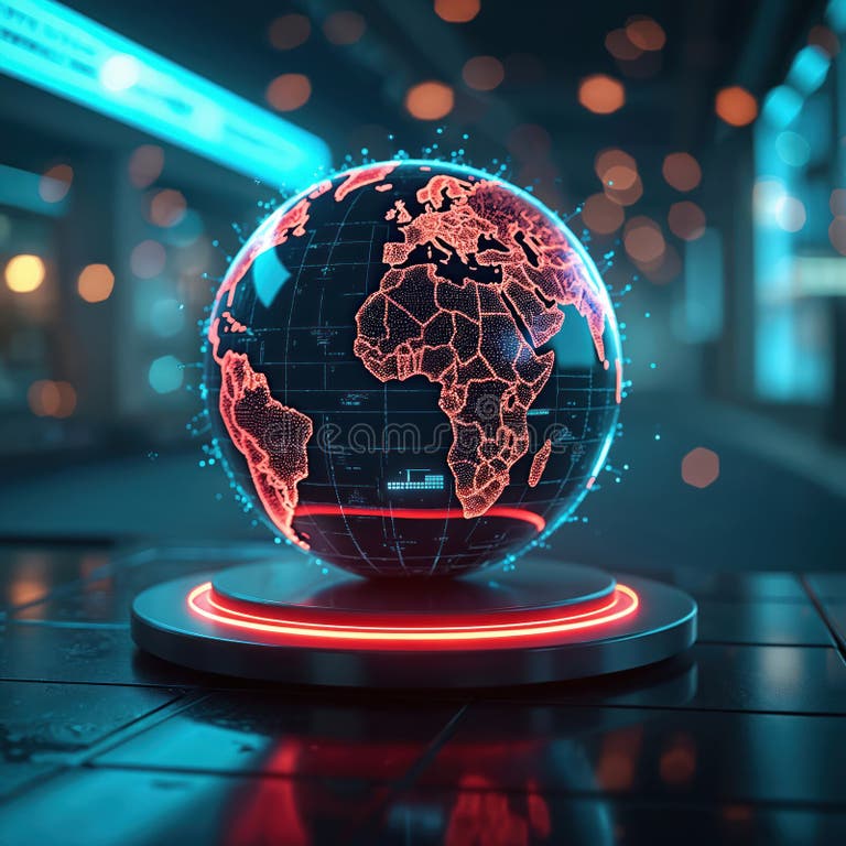 Futuristic Digital Globe Displaying Data Visualizations in High-tech Environment. Global ...