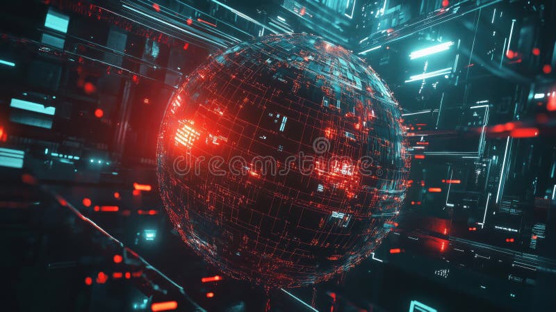 Futuristic Digital Globe with Glowing Red and Blue Lights in Cybernetic ...
