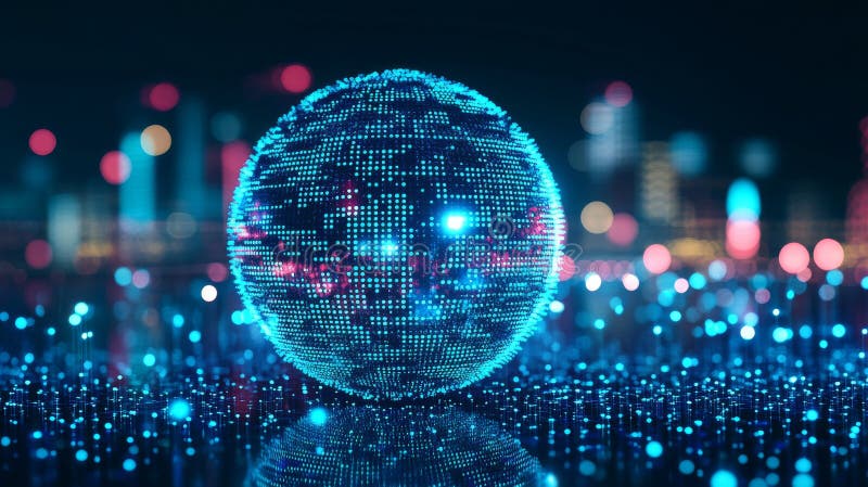 A Futuristic Digital Globe Illuminated with Lights Against a Cityscape ...