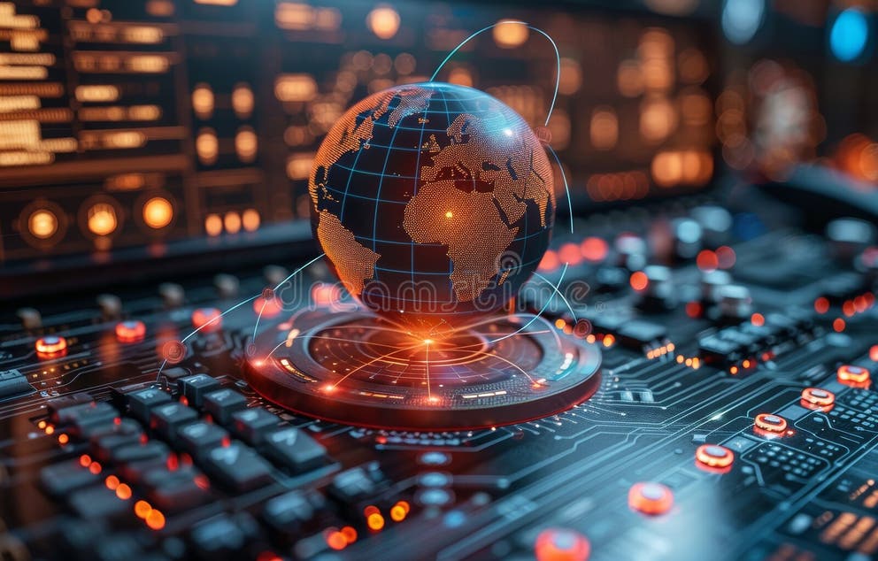 Futuristic Digital Globe Interface on Circuit Board with Data ...