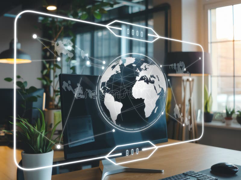 Futuristic Digital Globe Interface in Modern Office Setting with Plants ...