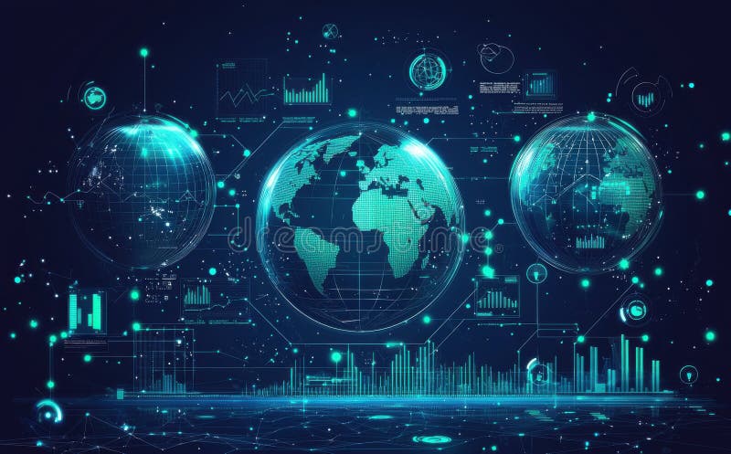 Futuristic Digital Globe Interface with Three Glowing Spheres Stock ...