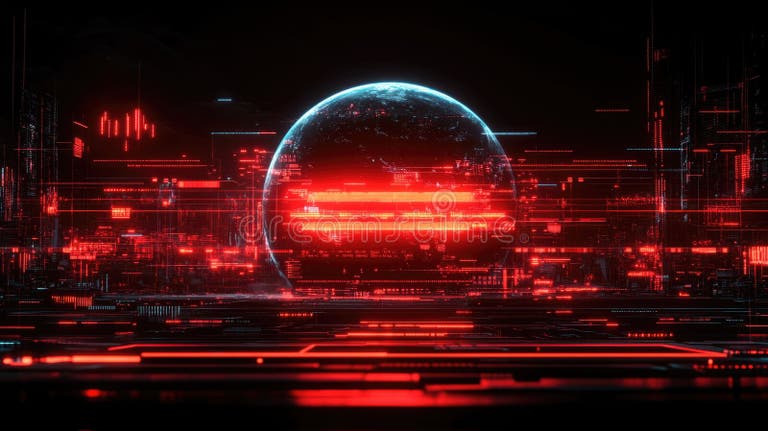 Futuristic Digital Globe with Red Neon Lights and Data Streams in Cyber ...