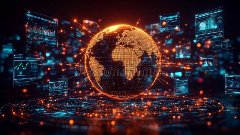 Futuristic Digital Globe Surrounded by Interactive Analytics Screens and Data Visualizations. AI ...