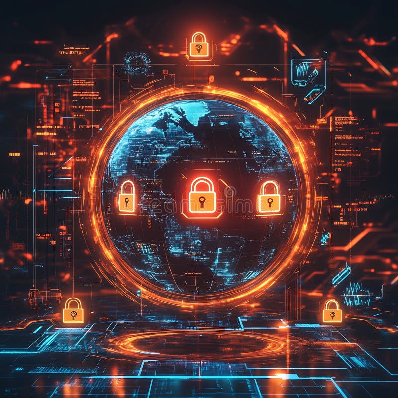 Futuristic Digital Globe Surrounded by Security Lock Holograms in ...
