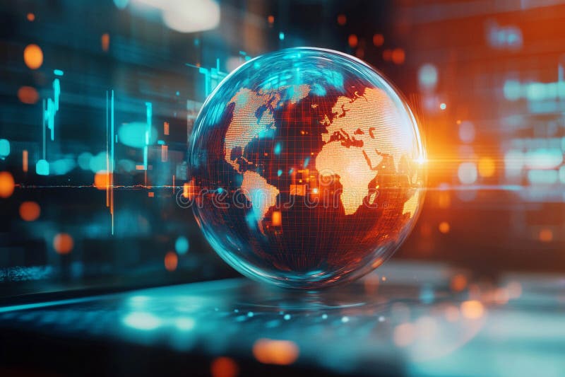 Global Network Digital World Map Orange Blue Technology Futuristic ...