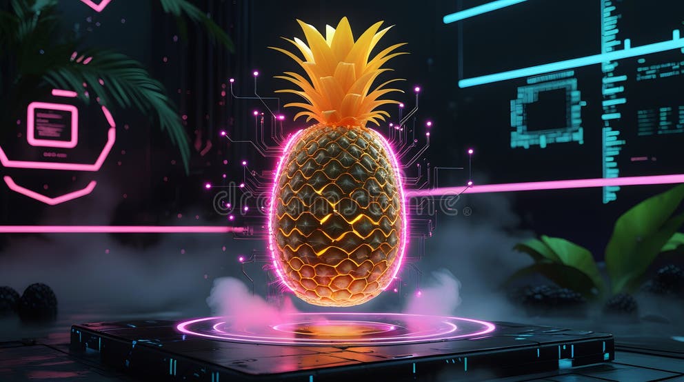 Futuristic Digital Glowing Pineapple Levitating Above a Platform with ...