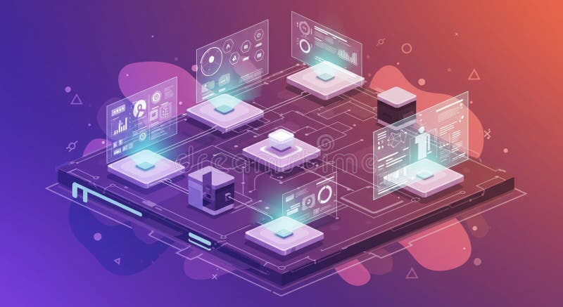 Futuristic Digital Grid Featuring Elevated Platforms with Holographic ...