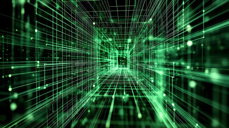 Futuristic Digital Grid with Glowing Green Lines Forming a Virtual ...