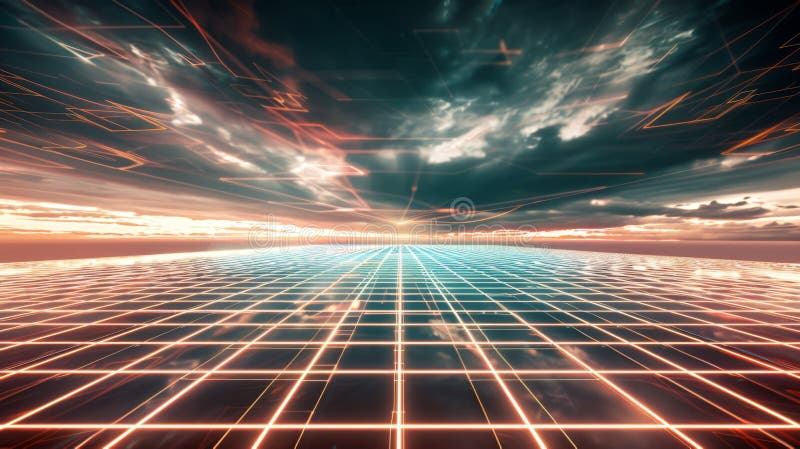 Futuristic Digital Grid Landscape at Sunset Stock Photo - Image of ...