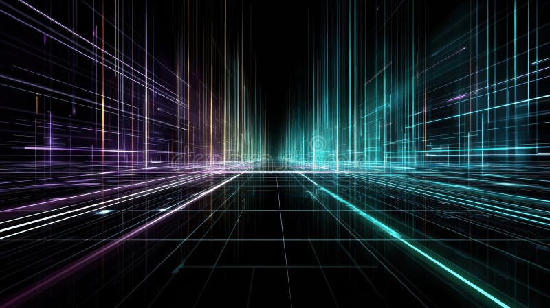 Futuristic Digital Grid Neon Lines Converging Vanishing Point Dark ...