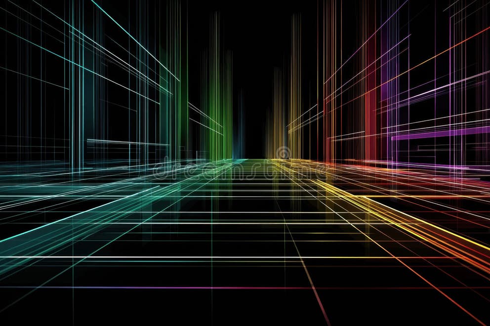 Futuristic Digital Grid with Neon Lines and Vanishing Point Perspective ...