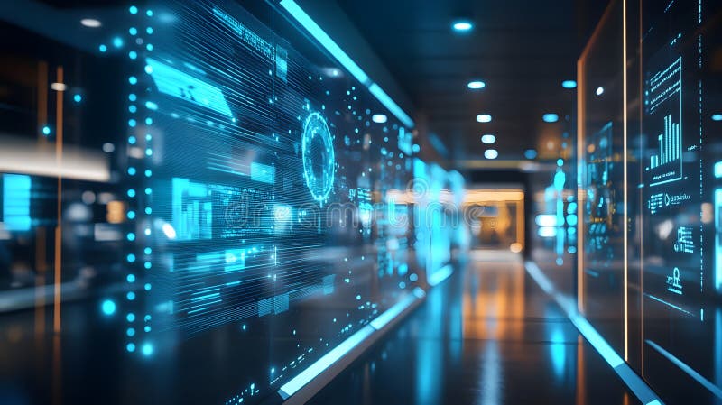 Futuristic Digital Hallway with Glowing Blue Data Displays Stock ...