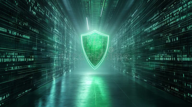 A Futuristic Digital Hallway is Marked by Glowing Symbols of Shields ...