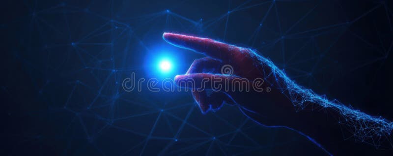 Futuristic Digital Hand with Glowing Blue Fingers Touching Virtual Data ...