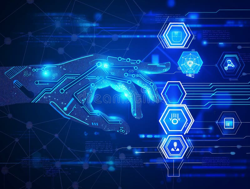 Futuristic Digital Hand Interacting with Technology Icons Stock Image ...