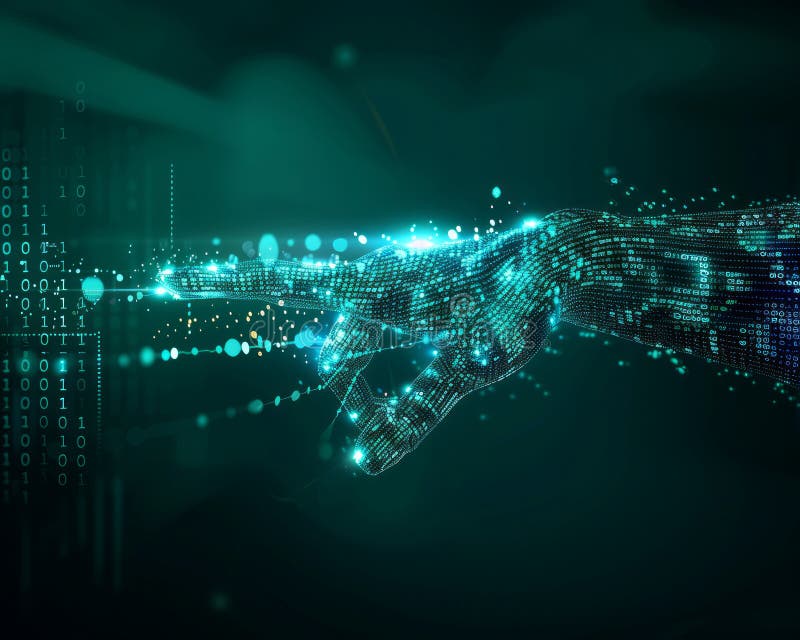Futuristic Digital Hand Interface with Binary Code and Data Streams Representing Advanced ...