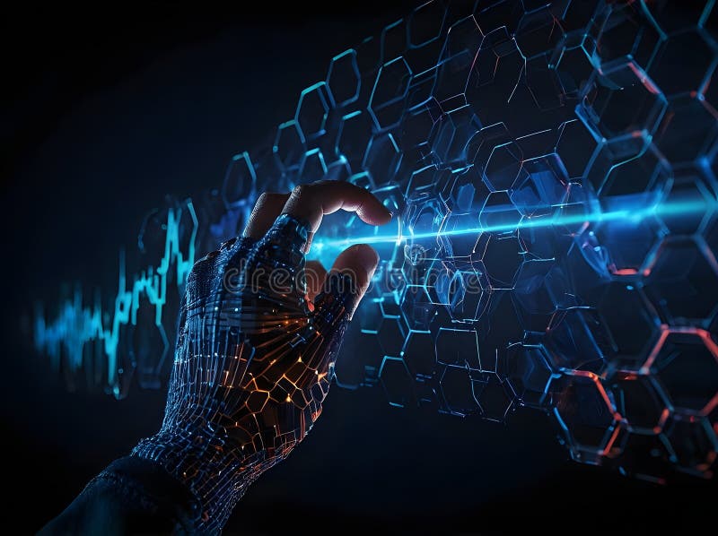 Futuristic Robotic Hand Interacting with Digital Elements Stock ...