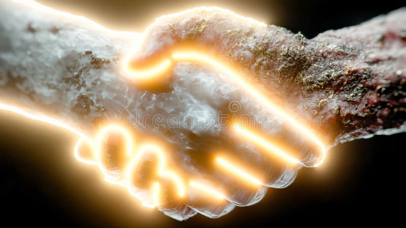 Futuristic Digital Handshake of Glowing Wireframe Hands Symbolizing Technology Partnership Stock ...