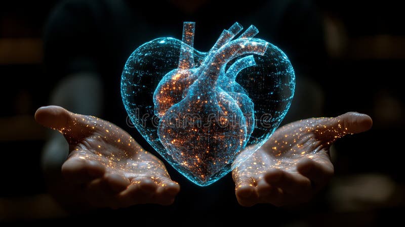 Futuristic Digital Heart Hologram in Hands with Glowing Network Effects ...