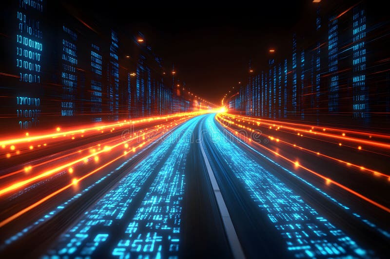 Futuristic Digital Highway with Binary Code Light Trails for Technology ...