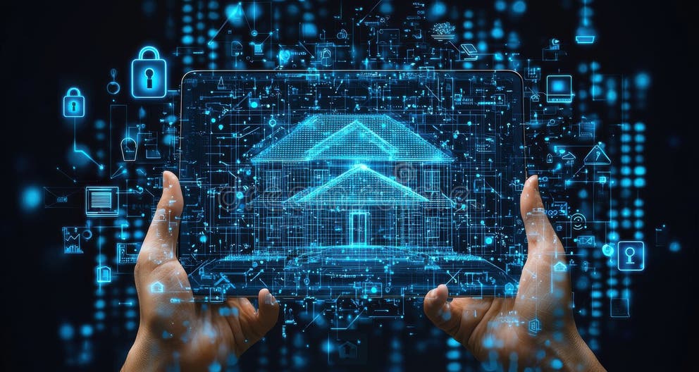 Futuristic Digital Home Security System Illustration with Tablet ...