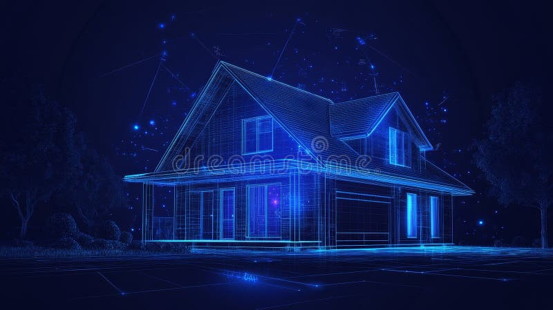 Futuristic Digital House Design with Blue Neon Outline and Trees Stock ...