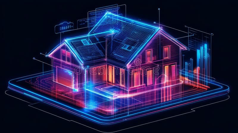 Futuristic Digital House Design with Neon Lights and Architectural ...