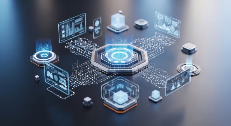 Futuristic Digital Hub with Glowing Neon Elements Futuristic Digital Hub with Glowing Neon ...