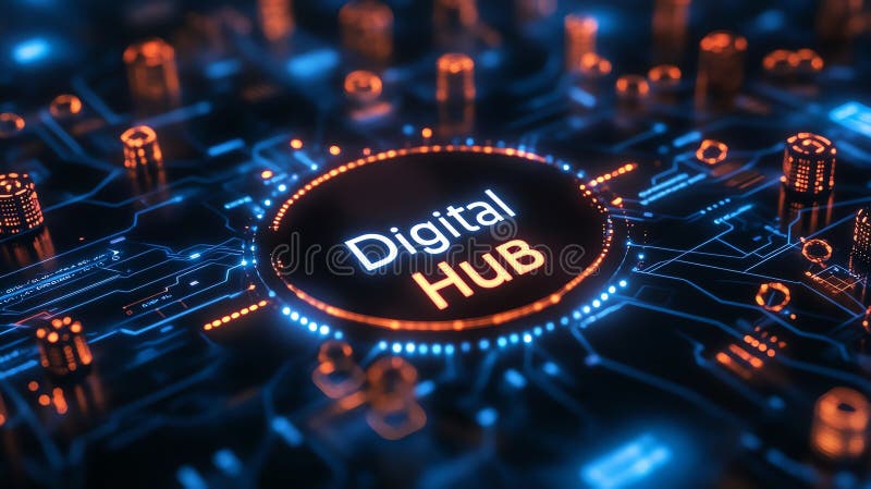Futuristic Digital Hub with Neon Lights and Interconnected Circuits ...