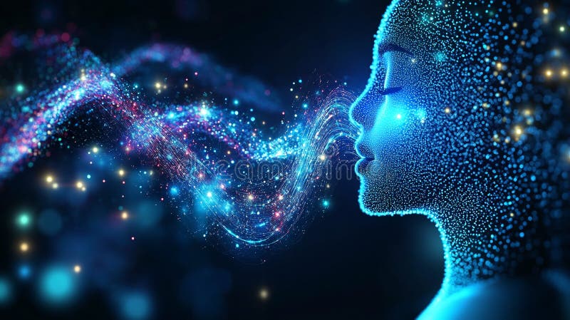 Futuristic Digital Human Exhaling Glowing Particles Abstract Technology ...