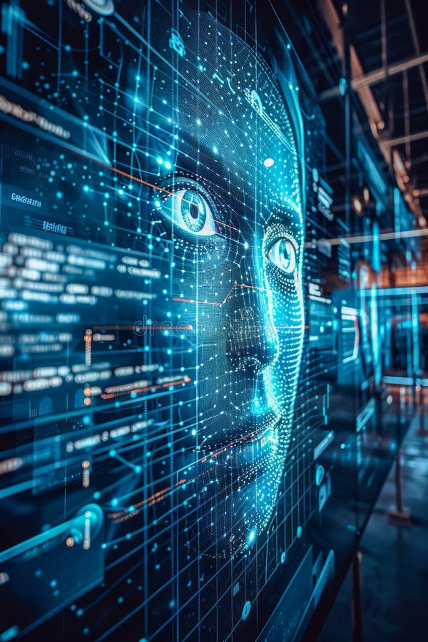 Futuristic Digital Human Face Interface with World Map Projection ...