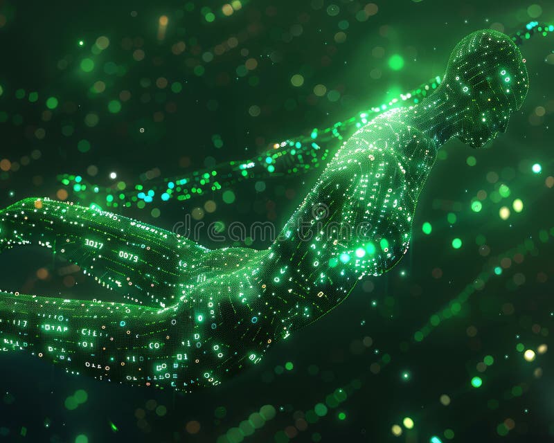 Futuristic Digital Human Form Composed of Glowing Green Particles and ...