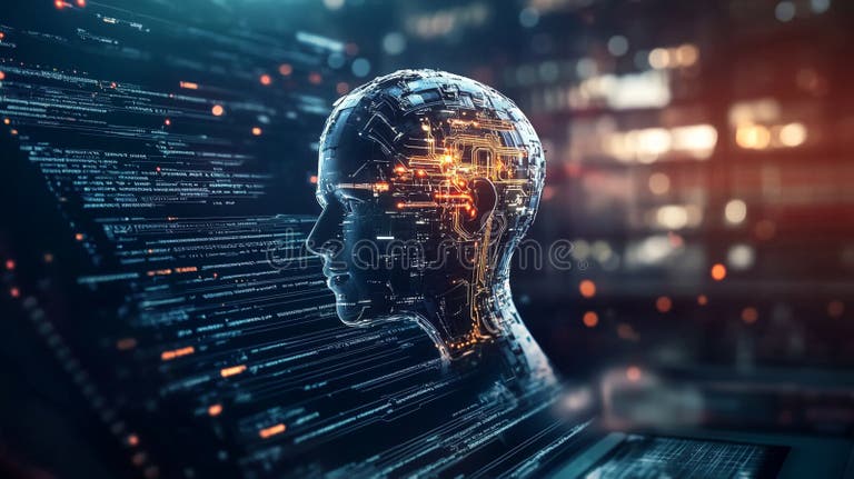 Futuristic Digital Human Head with Glowing Circuits and Data Streams, Representing Artificial ...