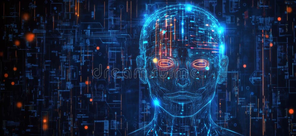 Futuristic Digital Human Head with Glowing Circuits and Data Streams, Representing Artificial ...