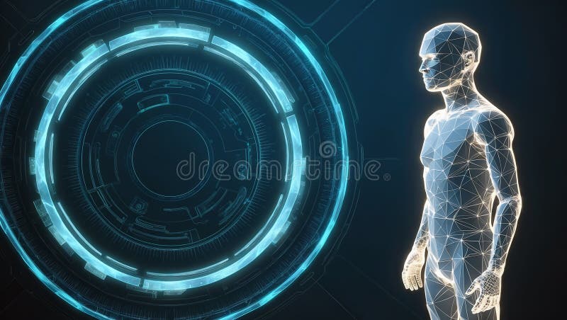 Illuminated Human Figure Hologram with Networked Sphere, Depicting ...