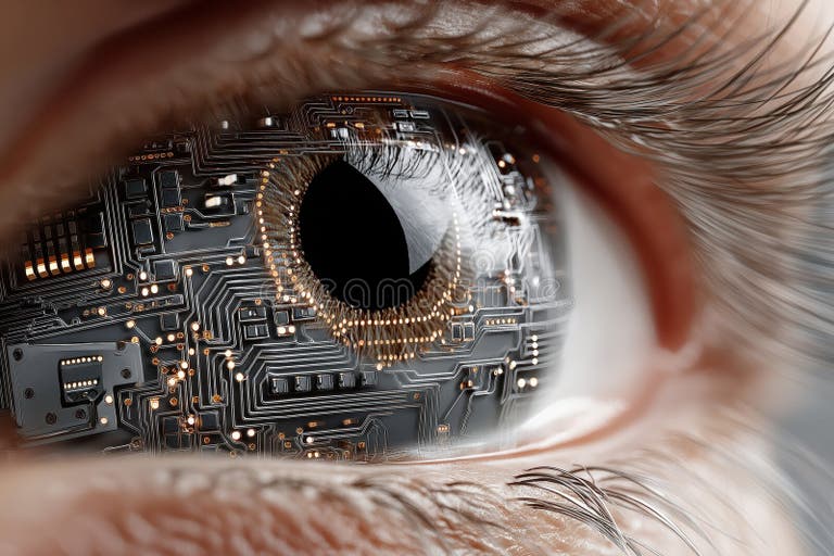 Futuristic Digital Human Robot Eye with Microchip Implants. Modern Cybernetic Technologies of ...