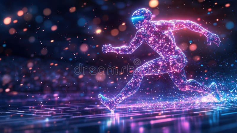Futuristic Digital Human Running in Neon Lights Stock Photo - Image of ...